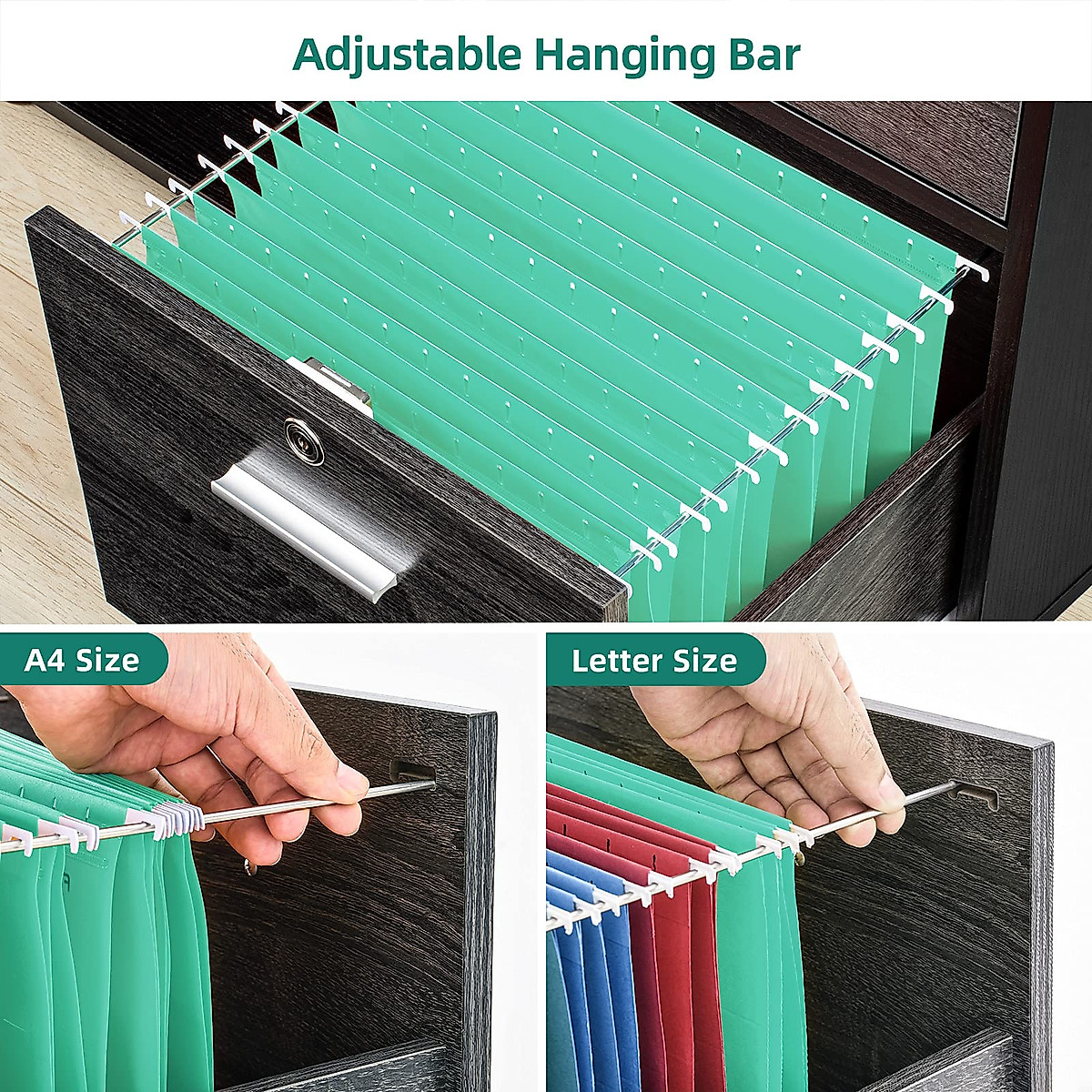 YITAHOME Wood File Cabinet, 3 Drawer Mobile Lateral Filing Cabinet, Storage Cabinet Printer Stand with 2 Open Shelves for Home Office Organization, Black and Grey