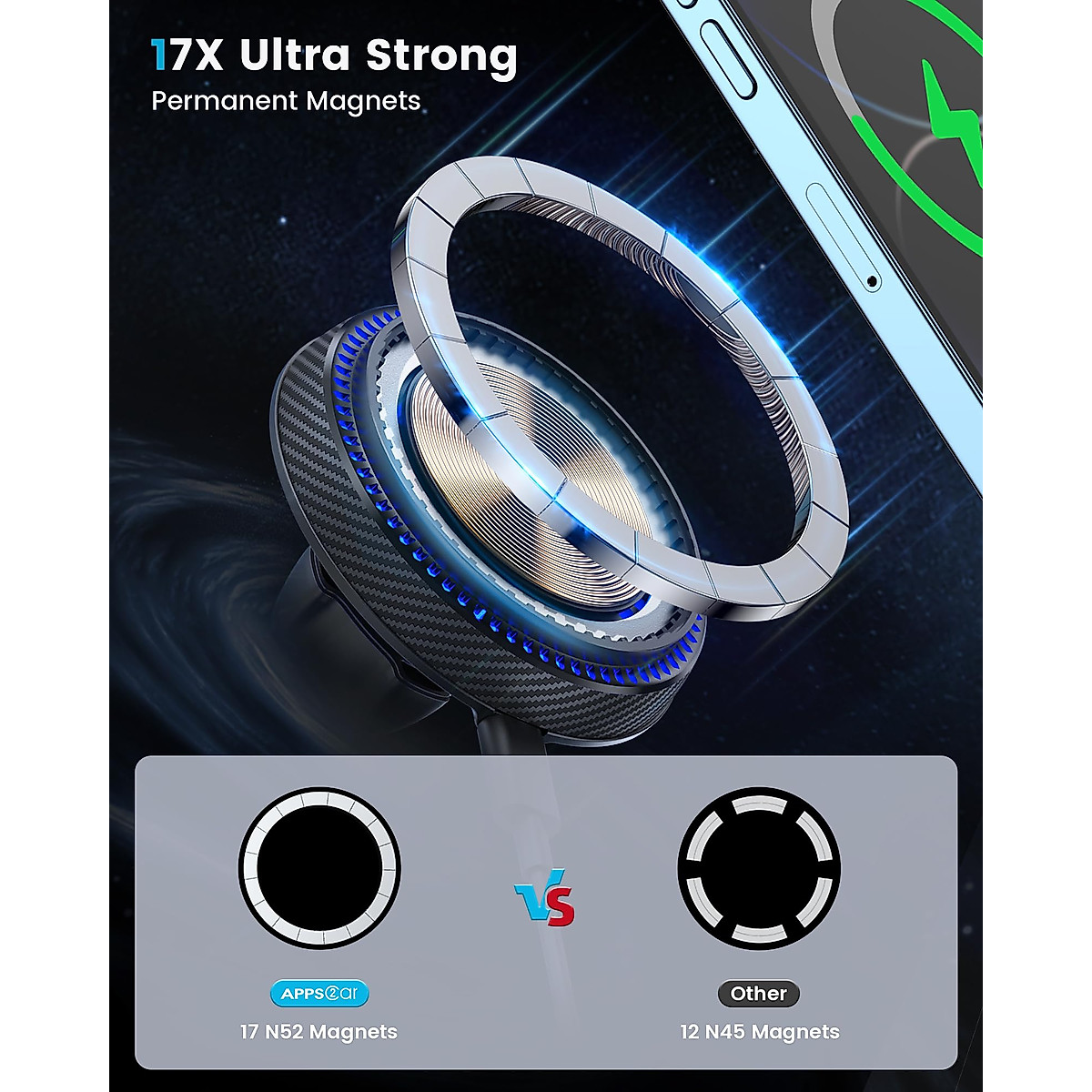 APPS2Car for MagSafe Car Charger Mount, 15W Wireless Car Charger Magnetic Car Phone Holder Mount Charger Dashboard Windshield Vent for iPhone 15/14/13/12 Series, Fast Charging, 17 Strong Magnets