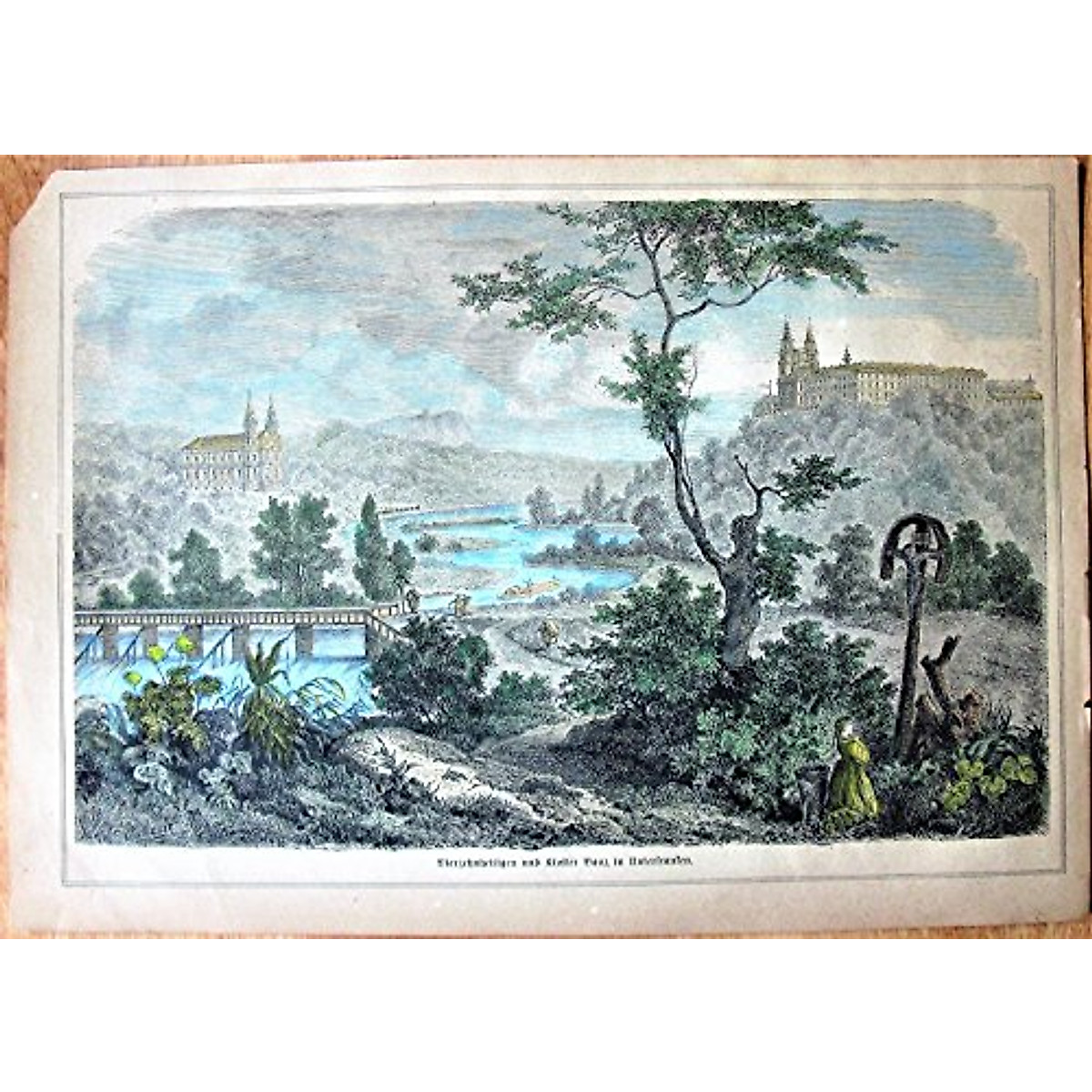 Antique Steel Engraving: River View with Buildings (Crucifiction?)