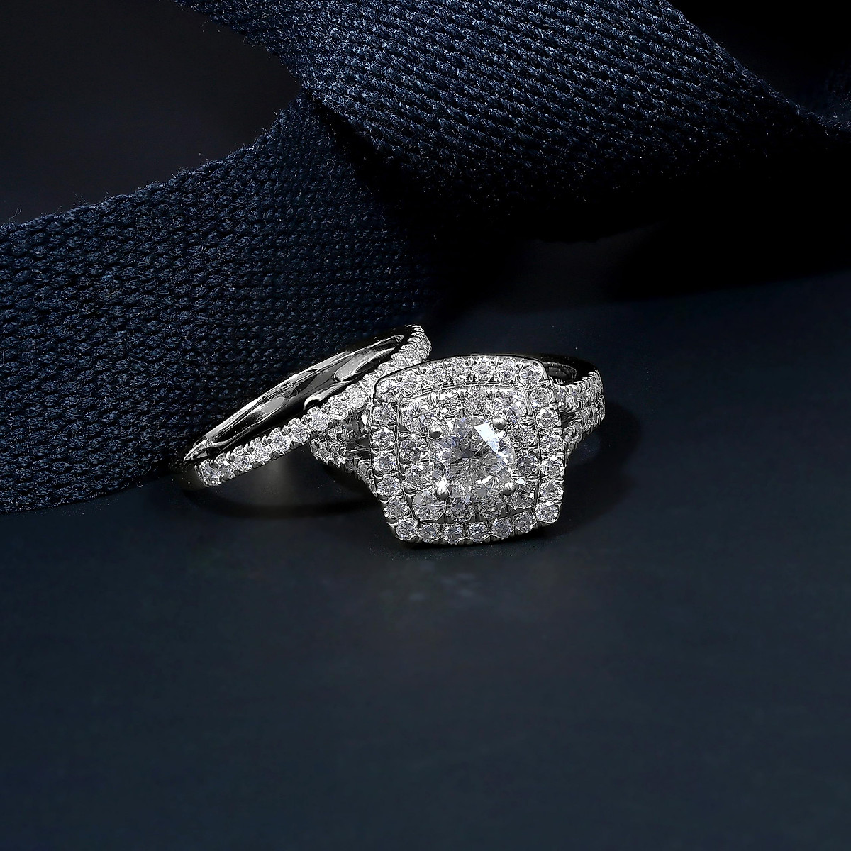 IGI Certified 14k White Gold 2ct TDW Round Cut Diamond Double Halo Engagement Ring Set (I-J, I2)