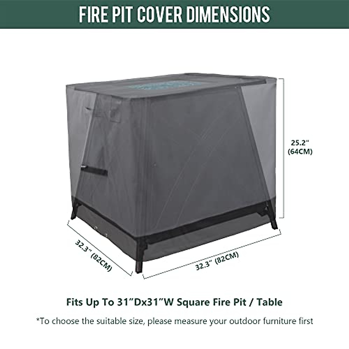 Rachmi Square Gas Fire Pit Cover 32.3 Inch, 600D Oxford Water Resistant Anti UV & Fade Outdoor Patio Cover for Coffee Fits 28/29/30/31 Inch Coffee & Side Table, (32.3"Wx32.3"Dx25.2"H, Gray/Black)