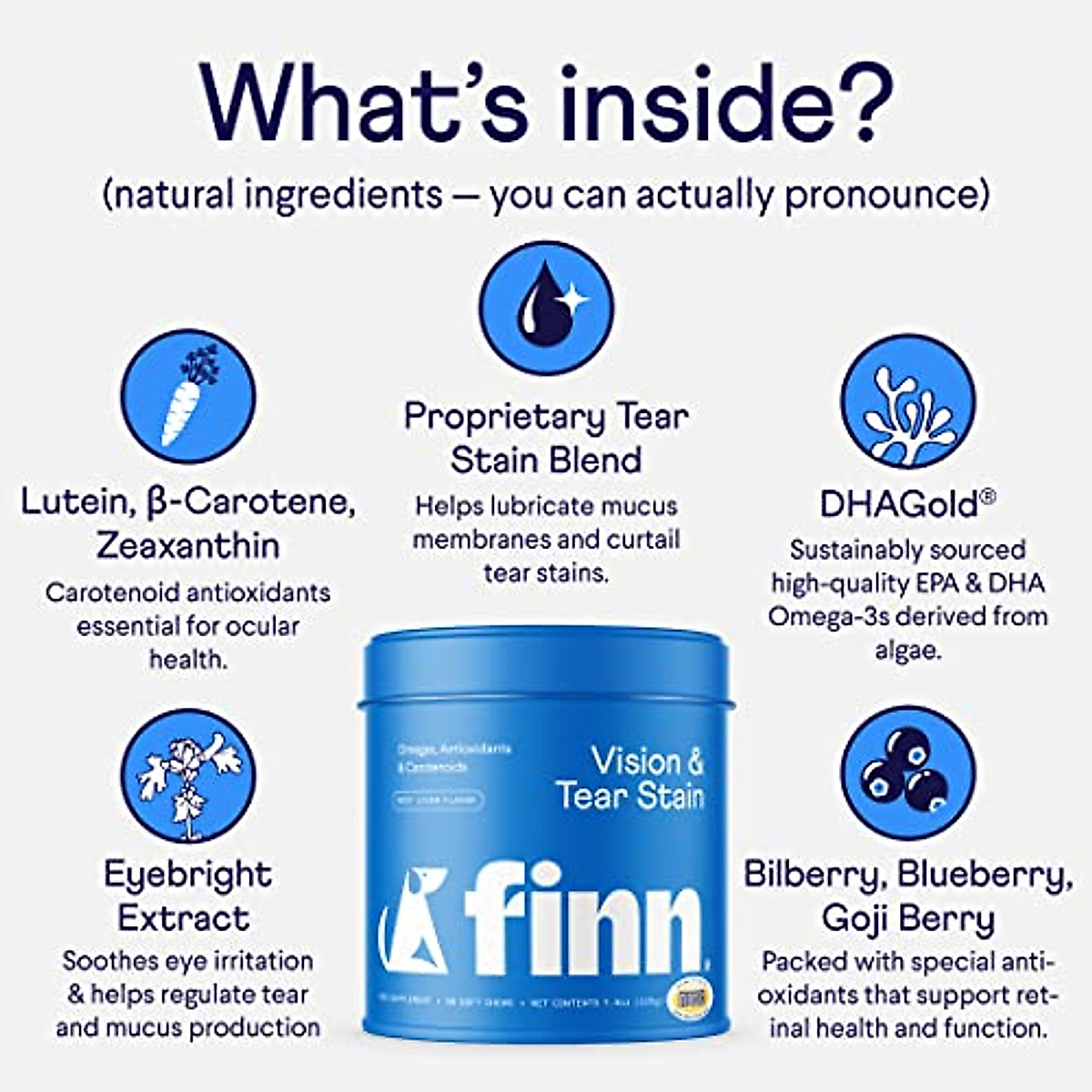 Finn Vision & Tear Stain Support for Dogs - Lutein, Beta-Carotene, and Tear Stain Defense
