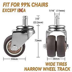 W B D WEIBIDA Office Chair Wheels Replacement, 2 Inch Dual Rubber Chair Caster Wheels, Smooth & Quite Casters for Hardwood Floor and Carpet, Universal Size Stem, Heavy Duty Load Up to 750 lbs,Set of 5