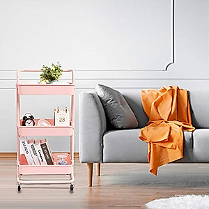 danpinera 3 Tier Rolling Utility Cart with Hooks & Handle Storage Organization Shelves for Kitchen, Bathroom, Office, Library, Coffee Bar Trolley Service Cart, Pink