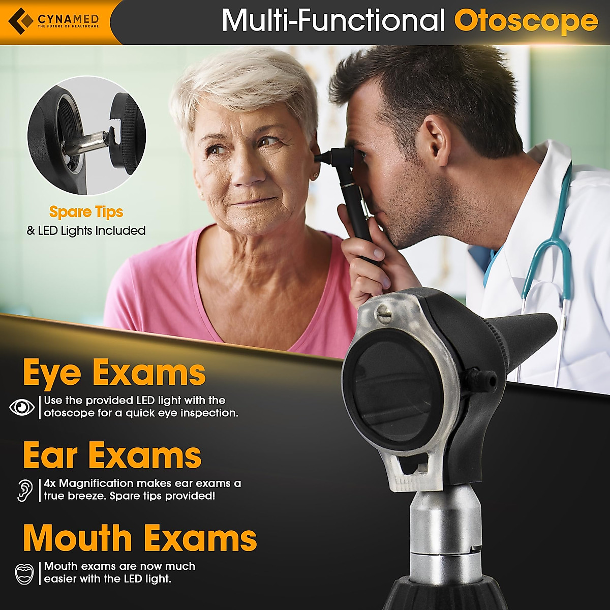 Cynamed 2-in-1 Ear Scope Set - Multi-Function Otoscope for Ear, Nose & Eye Examination- Professional Kit for Home and Medical Students - Sight Chart, Replacement Tips, and Carry Case