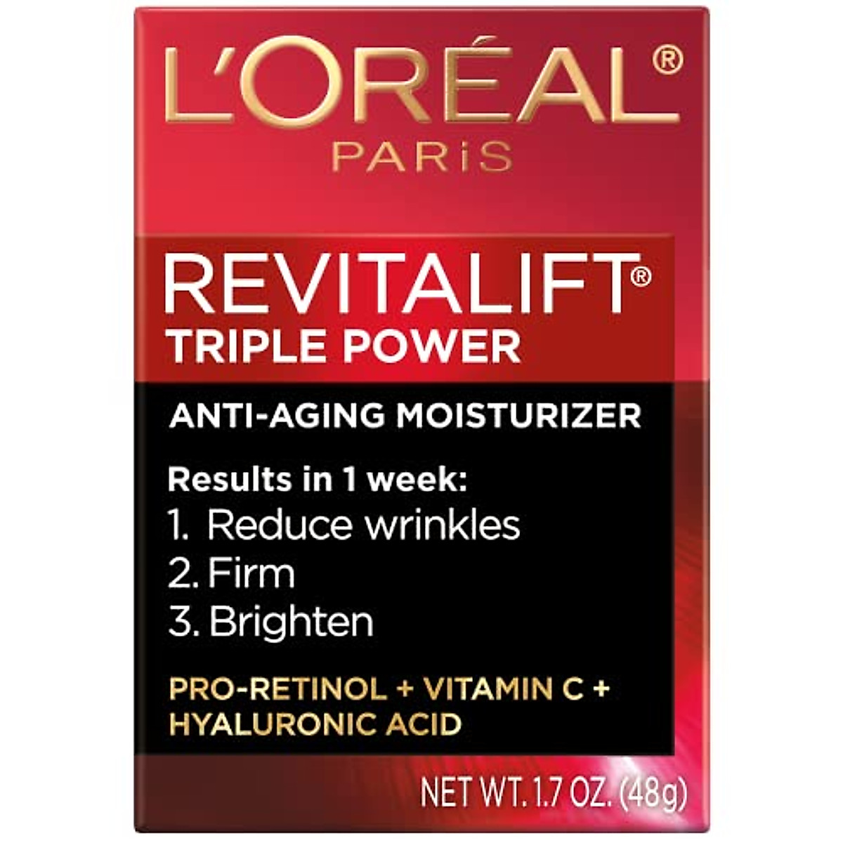 L’Oreal Paris Skincare Revitalift Triple Power Anti-Aging Face Moisturizer with Pro Retinol, Hyaluronic Acid & Vitamin C to reduce wrinkles, firm and brighten skin, 1.7 Oz