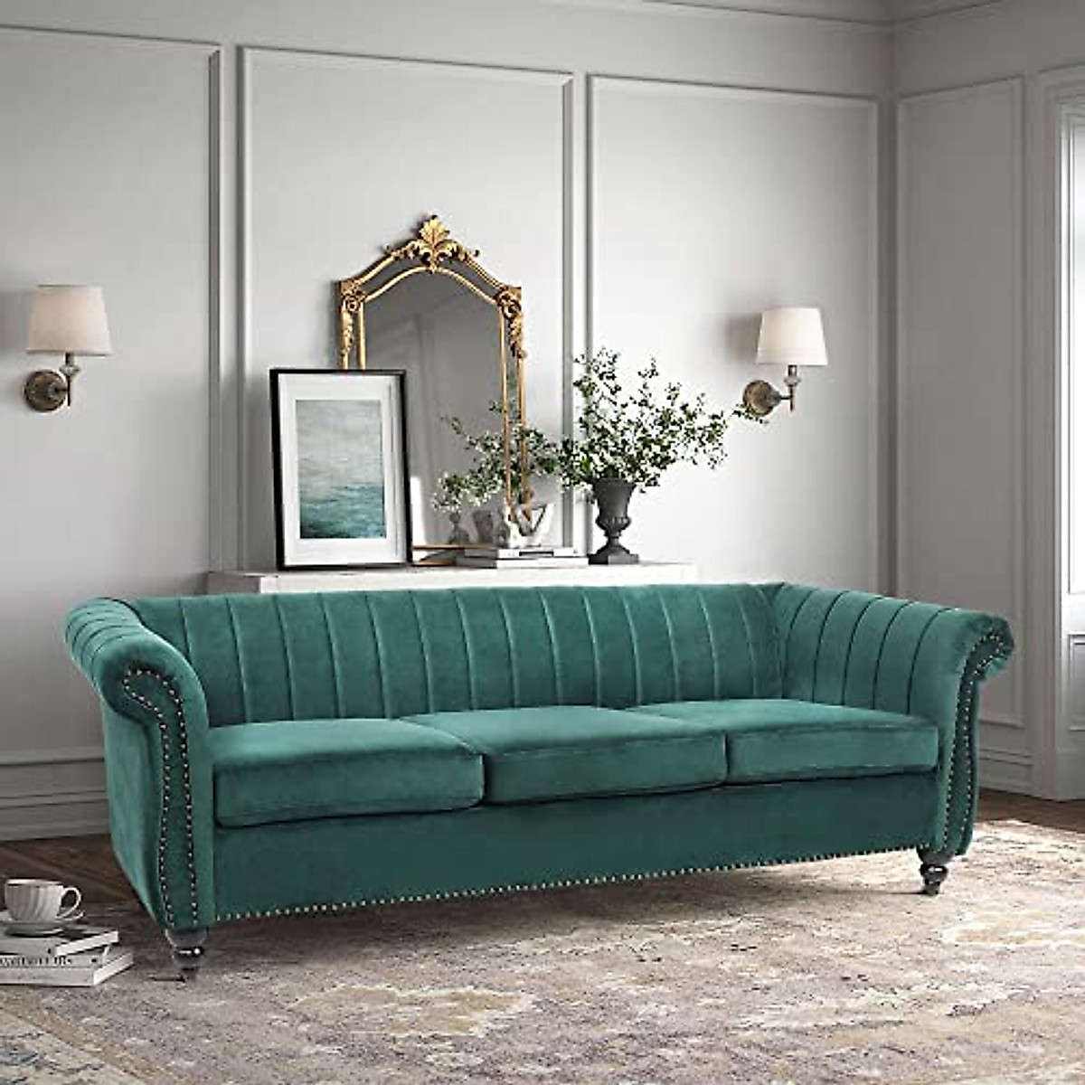 MIYZEAL Modern 3 Seater Tufted Couch, Velvet Chersterfield Sofa with Channel Back, Roll Arm Classic Settee Upholstered Couch for Living Room Office (Green)