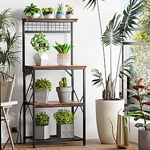 Furologee Kitchen Bakers Rack with Power Outlet, Microwave Oven Stand with Storage 4 Tiers, Coffee Bar Table with 6 S Hooks, Kitchen Storage Shelf Rack for Spices, Pots, Rustic Brown