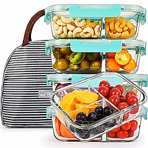 5 Pack 36oz Bento Box Glass Meal Prep Container 3 Compartments Glass Food Storage Containers with Lids Meal Prep Bowls Lunch Box Glass Food Prep Containers Lunch Containers for Microwave Oven