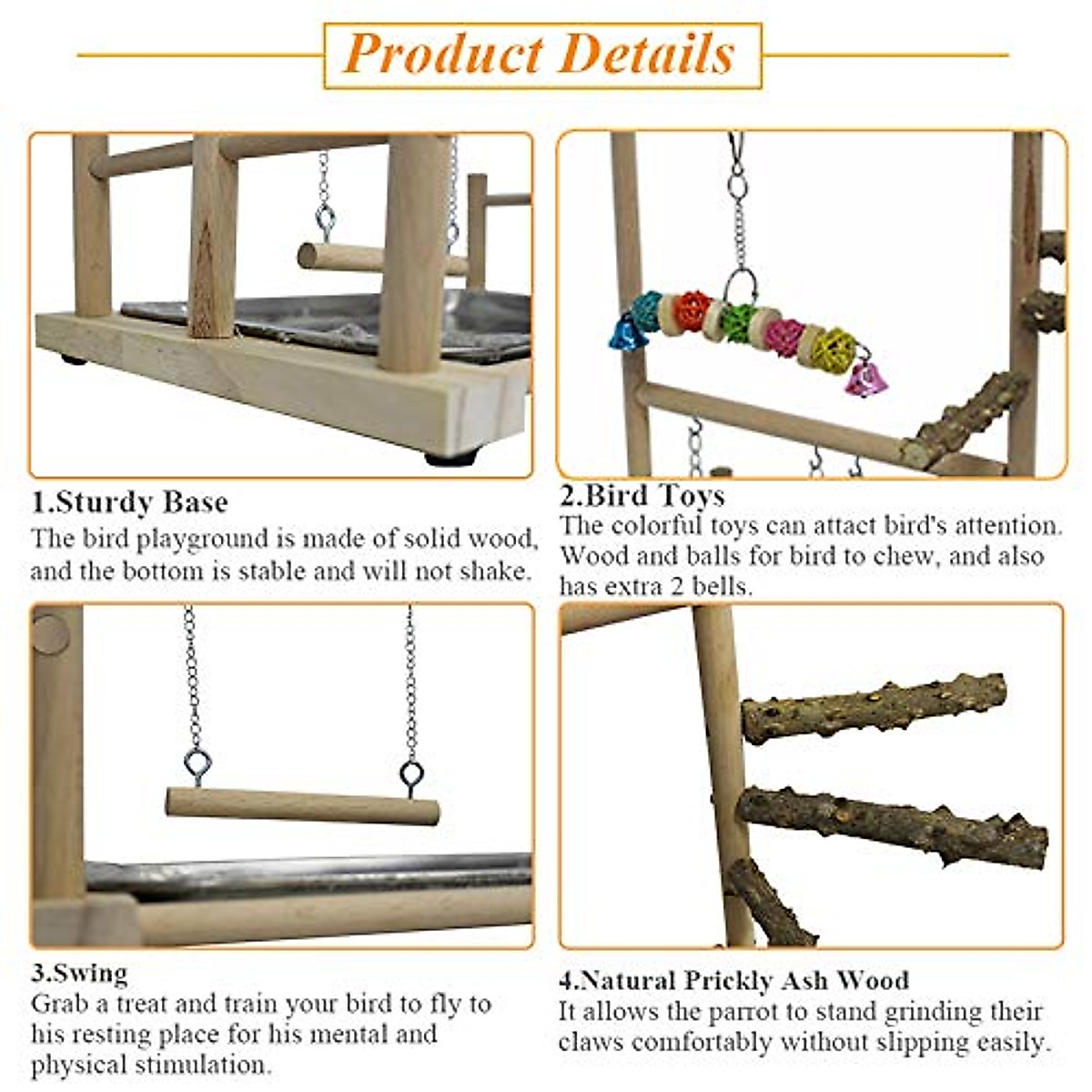 kathson Bird Playground Parrot Perch Stand Toys, Birds Wood Play Gym Activity Center Exercise Playpen Ladder Swing with Feeder Cups Chewing Toy(Include a Tray)