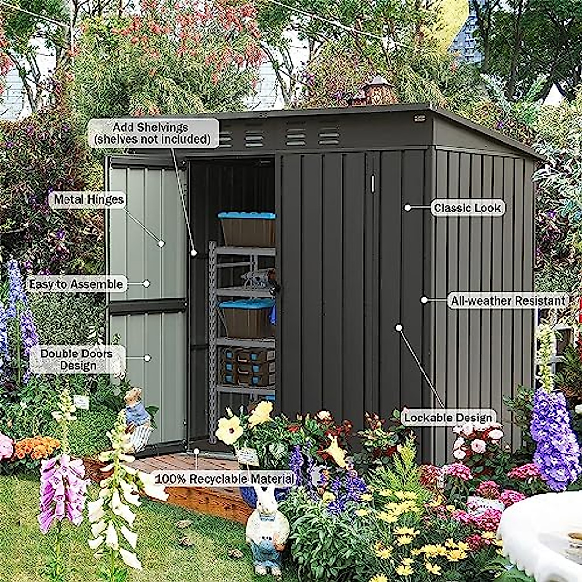 FRANSOUL Metal Outdoor Tool Storage Garden Shed 6.27x4.51ft with Sloping Roof Galvanized Steel Frame Anti-Corrosion Tool Storage Room with Latches and Door for Balcony, Black