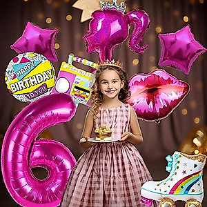 8pcs Hot Pink Princess Foil Number Balloon Lip Happy 6th Birthday Girl Head Balloons Photo Prop For Barbie Theme Party Decorations Box Photo Booth Backdrop Pink Little Girl Makeup Supply (Number 6)