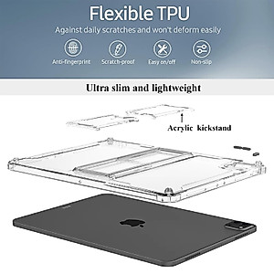 UUcovers Clear Stand Case for iPad Pro 12.9 Inch 6th/5th/4th/3rd Generation (2022/2021/2020/2018) with Pencil Stylus Pen Holder/Kickstand Soft TPU Back Transparent Shockproof Lightweight Cover, Clear