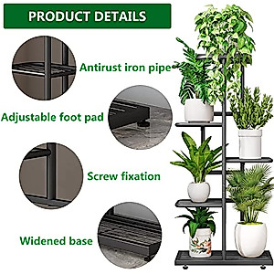 YIZAIJIA Plant Stand Metal 5 Tier 6 Potted Indoor Outdoor Multiple Flower Pot Holder Shelf Corner Planter Display Rack for Living Room Patio Garden Balcony (5 Tier 6 Potted, Dark Grey)