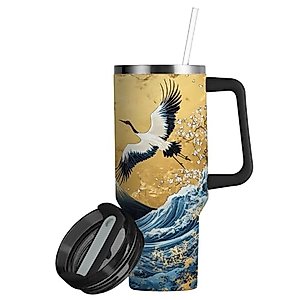 Flradish 40oz Tumbler with Handle, Grus Japonensis Stainless Steel Tumbler with Lid and Straws Double Wall Vacuum Insulated Leakproof Coffee Travel Mug