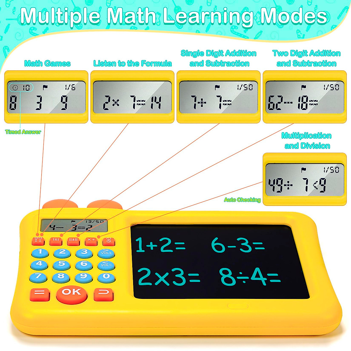 Math Games with LCD Writing Tablet,Calculator Games for Kids,Math Toys with Addition, Subtraction, Division and Multiplication Game,Math Manipulatives Gifts for Boys Girls Age 3+