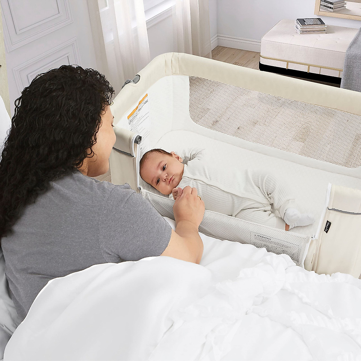 Dream On Me Zimal Bassinet and Bedside Sleeper in Ivory, Lightweight and Portable Baby Bassinet, Breathable Mesh Panels, Easy to Fold and Carry Travel Bassinet, JPMA Certified