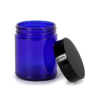 Vivaplex, Cobalt Blue, 8 ounce, Round Glass Jars, with Black Lids - 8 pack