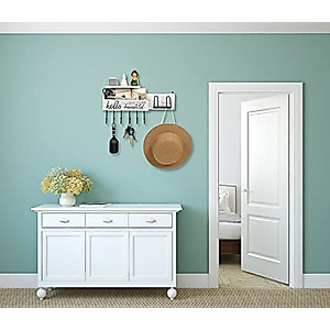 JAZUIHA Mail and Key Holder 2-Tier, Mail Organizer Wall Mount with 6 Hooks, Wooden Wall Organizer Hat Rack, Storage Hanging Shelf for Home Decor