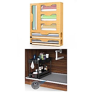 KOCWELL Ziplock Bag Organizer and Plastic Wrap Dispenser with Cutter & Under Sink Organizer Set