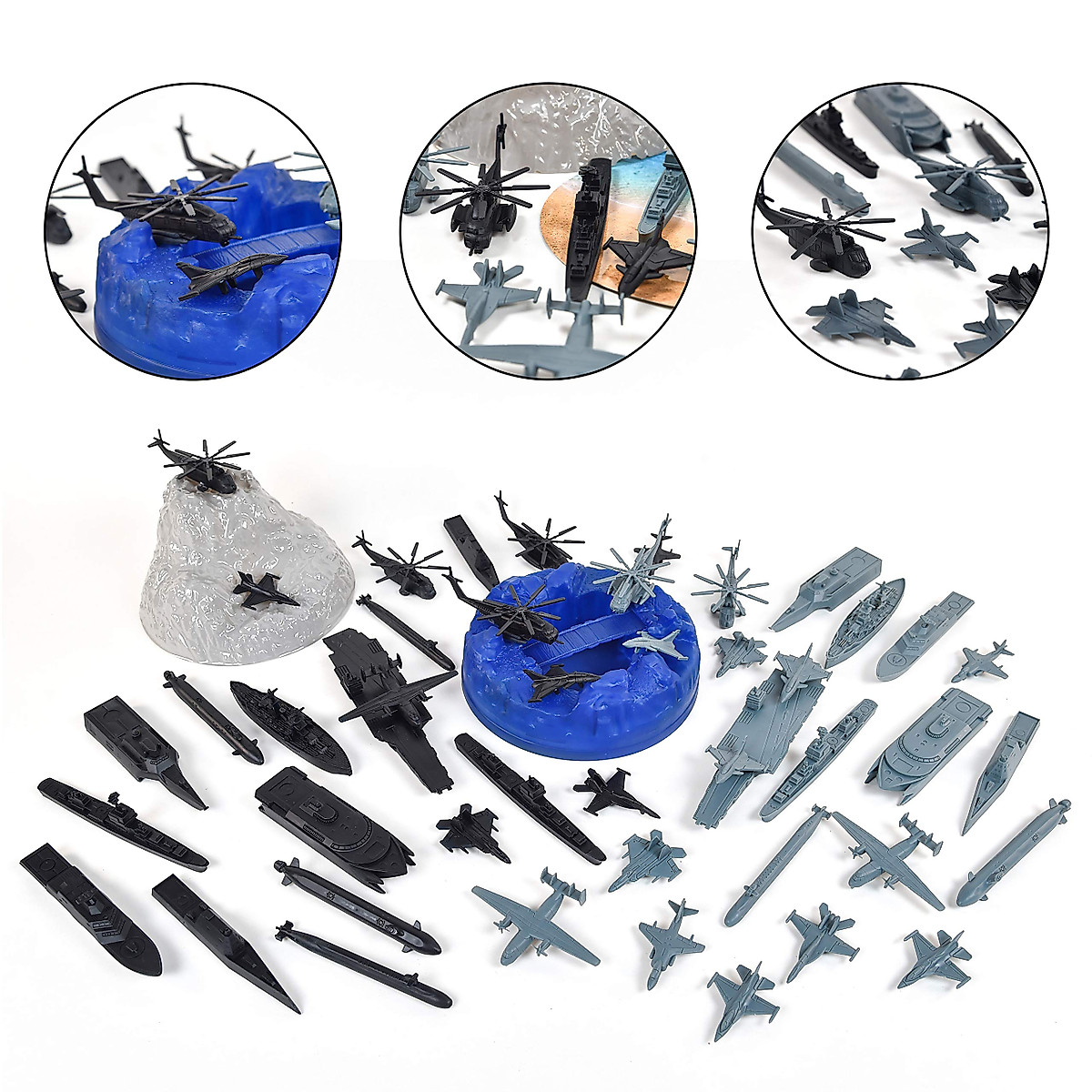 Military Air Force Bucket – 47 Assorted Battleships and Accessories Toy Play Set for Kids, Boys and Girls | Plastic Boat and Plane Figures with Storage Container