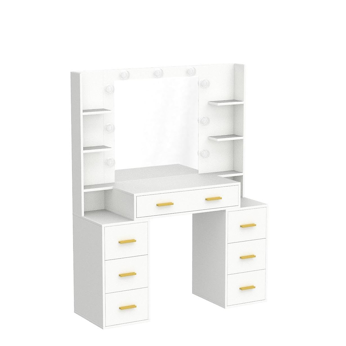 PAKASEPT Vanity Set with Lighted Mirror, 43'' Makeup Vanity with Charging Station, Vanity Desk with 9PCS LED Bulb, Storage Shelves, 7 Drawers for Bedroom(No Stool)