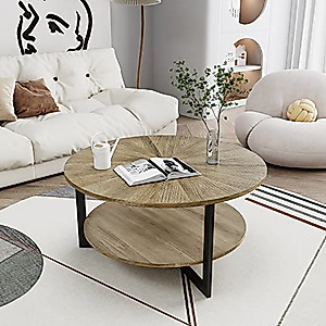 LEEMTORIG Round Coffee Table Living Room, Circle Round Coffee Table with Storage, Farmhouse Solid Wood Coffee Table, Yellowish Brown Wood Tabletop & Black Metal Frame, KFZ-1338