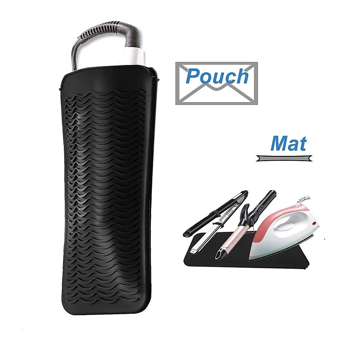 Heat Resistant Silicone Mat and Glove Set for Hair Straighteners and Flat Irons - 11" x 6" Mat, 8.7" x 5.2" Bump Glove, Black