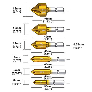 DEVENTORZ Countersink Drill Bit, Countersink Drill Bit Set with 82 Degree Center Countersink Bits for Wood Quick Change Bit 6mm - 19mm 6 Pcs