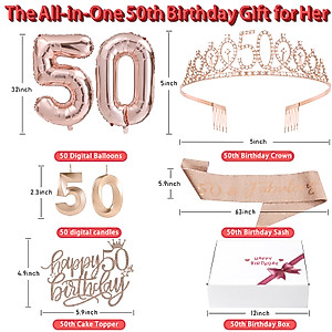 50th Birthday Decorations Gifts for Women Birthday Party Favors Including 50th Crown/Tiara,"Birthday fabulous" 50th Sash,50th Birthday Candles and Cake Toppers, Rose Gold 50th Balloons