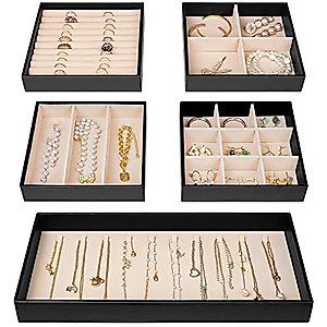 ProCase Jewelry Organizer Jewelry Tray Jewelry Drawer Inserts, Set of 5 Stackable Jewelry Drawer Dividers Container Necklace Display Trays Storage Box for Dresser Earring Rings Bracelet - Black
