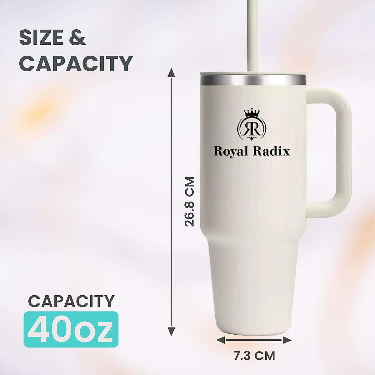 Royal Radix 40oz Insulated Tumbler with Handle & Straw, Stainless Steel Travel Mug, Leak-Proof, Hot & Cold Beverage Cup, BPA-Free, Dishwasher Safe, for Coffee & Water