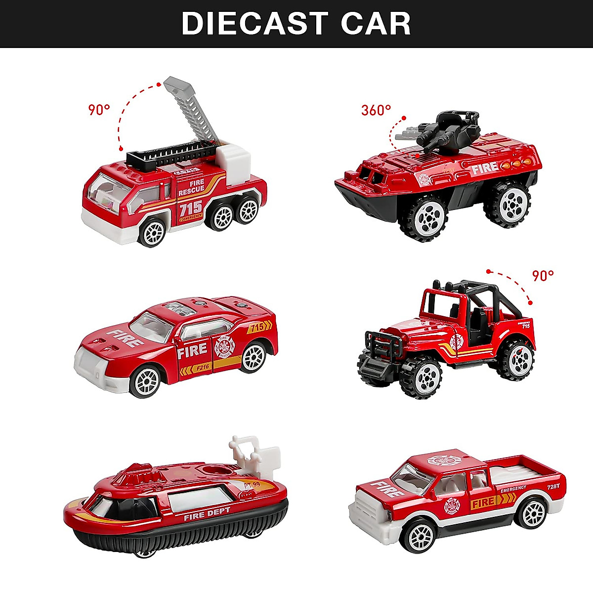 Fire Truck Toy Set,6 Pack Die-cast Fire Engine Model Car Toys,6 Pack Firefighter,Mini Alloy Metal Pull Back Car Toy with Large Jigsaw Fire Rescue Play Mat for Kids Boys Girls Toddler