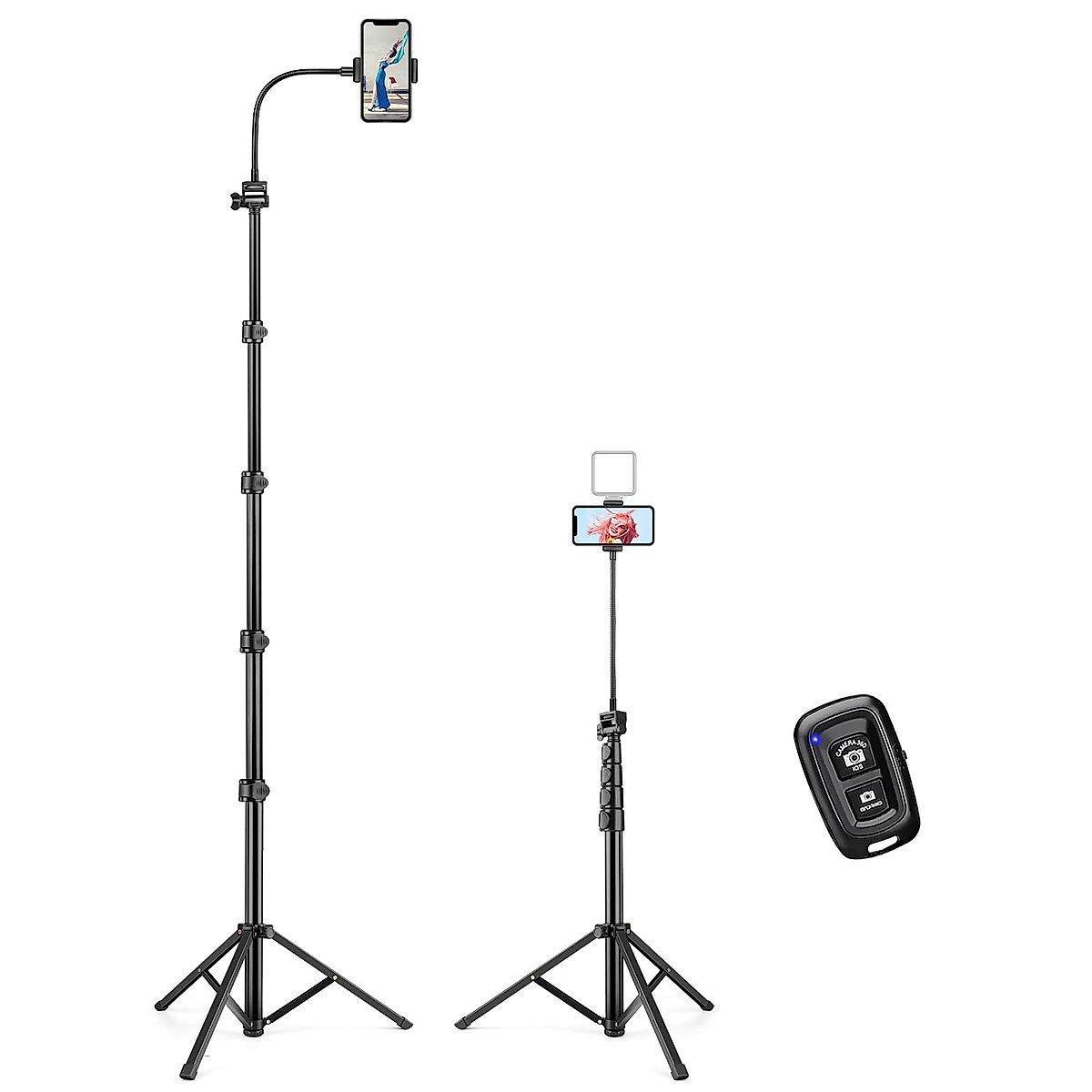 Phone Tripod, 80" Tall Tripod for iPhone with 13" Adjustable Gooseneck, Cell Phone Tripod with Remote and Phone Holder, Overhead Tripod Stand for iPhone 15 14 13 12 Android Phone