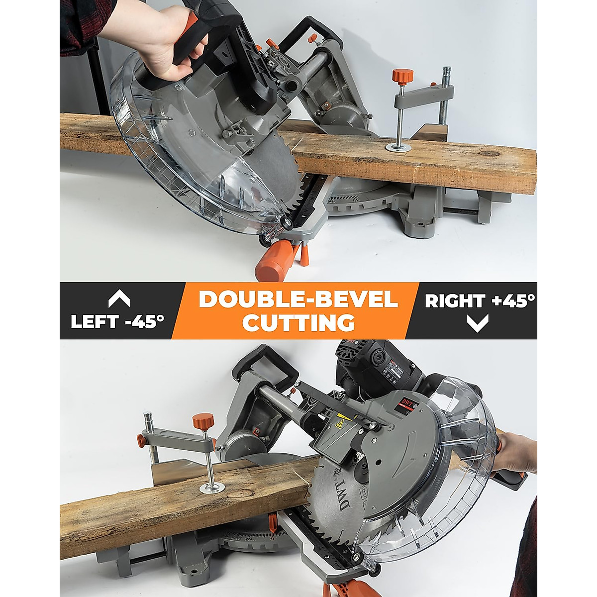 DWT Sliding Miter Saw, 12-inch Compound Miter Saw with Double Bevel Cutting(-45°/0°/+45°)/Laser Guide/9 Positive Stops/3800RPM, 15Amp Miter Saw with Extension Table, 4.2x13in Cutting Capacity-HM1247A