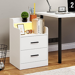 Nightstand with 2 Drawers, Nightstand Set of 2 with Led Light& Power Strip,15.7''Lx17.7''Wx26.8‘’H Night Stand for Bedroom,Bed Side Table with Charging Station,White