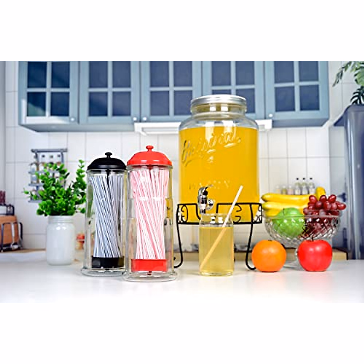 Straw Dispenser with Stainless Steel Lid | Glass Straw Holder for Counter with Lid | Drinking Straw Dispensers | Straw Container | Holds Straws up to 8.5 Inches, Black