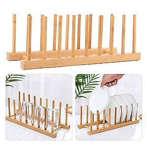 Fdit Bamboo Dish Rack Plates Holder Kitchen Storage Cabinet Organizer for Cup Pot Lid Cutting Board Countertop Organization