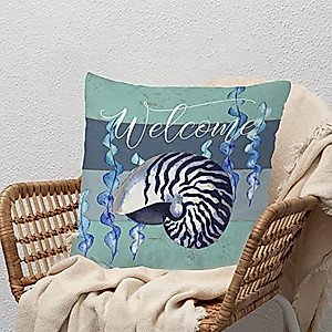 Nautical Throw Pillow Cushion Sea Snail Coastal Ocean Welcome White Linen Sofa Pillow Sailboat Home Decorative Pillowcase with Zippe for Living Room Bedroom 24x24in Birthday Housewarming Gift