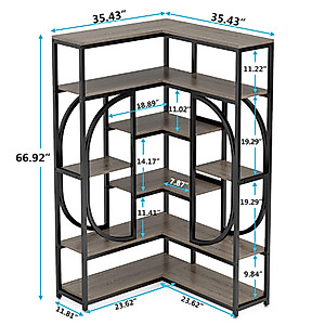 Tribesigns 7-Shelf Corner Bookshelf, Large Modern Corner Bookcase, Tall L-Shaped Corner Shelf Stand Display Rack with Storage, Metal Frame for Living Room Home Office (Grey)