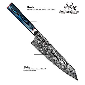 Knife Block Set 9 Pcs Japanese Aus-10 Damascus Steel Chef Knives Set High Carbon Core Stainless Steel Full Tang Chef Knife Set Blue G10 Home Kitchen Professional Knife Block Sets (Blue Round Handel)