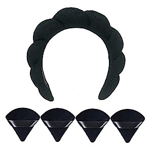 Spa Headband for Women, Makeup Headbands with Triangle Powder Puff, Sponge and Terry Towel Cloth Fabric Hair Band and Versed Headband for Face Washing, Makeup Removal, Shower, Skincare (Black)