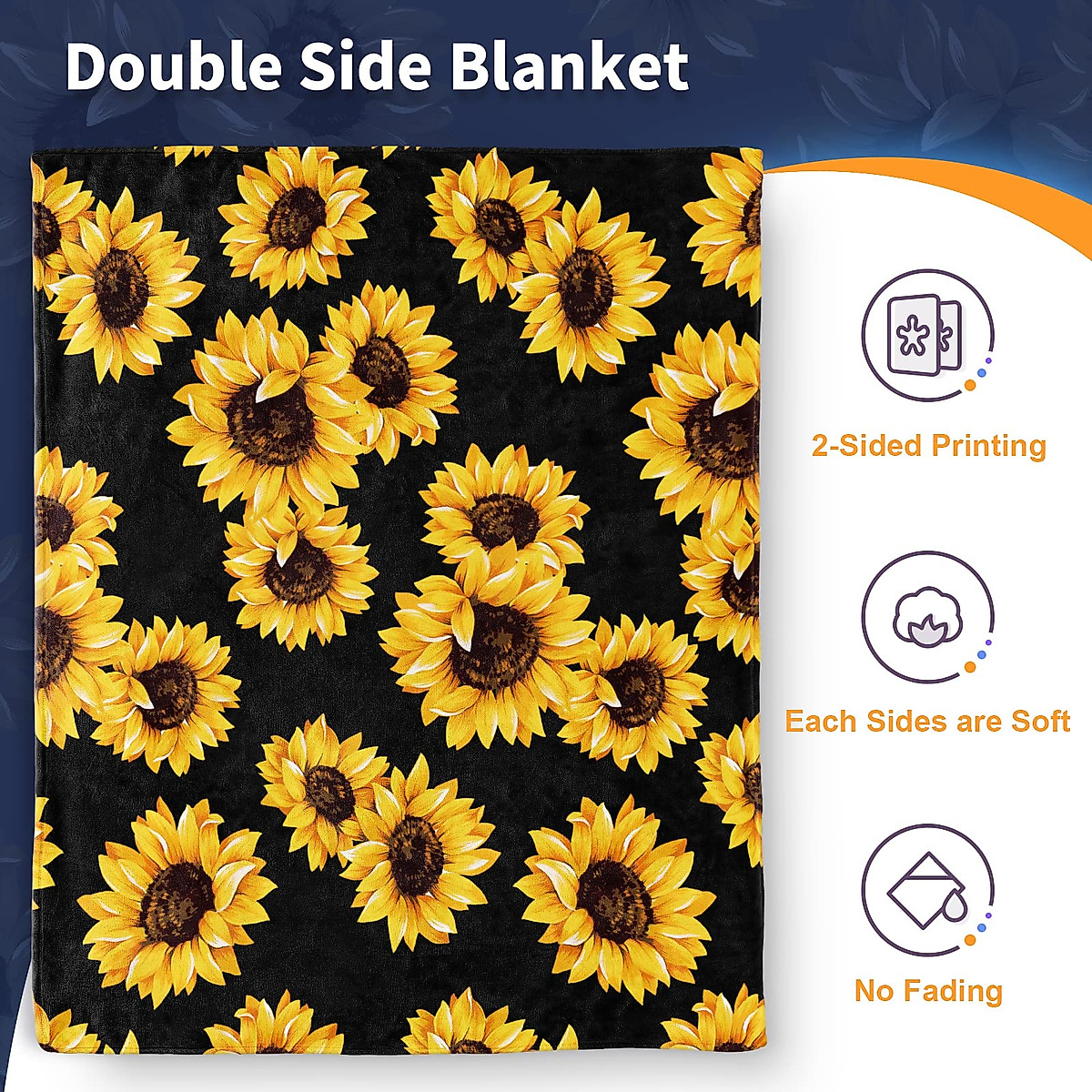 Sunflower Blankets Gifts for Women, Double-Sided Throw Blanket, Birthday Gifts for Girls, Lightweight Flannel Cozy Plush for Adult Kids, Sunflowers Girly Bedroom Decor (Black and Yellow)50x60 inch
