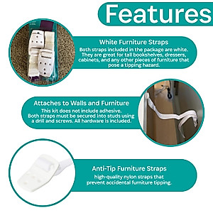 KidCo Anti-Tip Furniture Straps - Anti Tip Safety Straps, TV & Furniture Straps for Child Safety, Two Pack, White