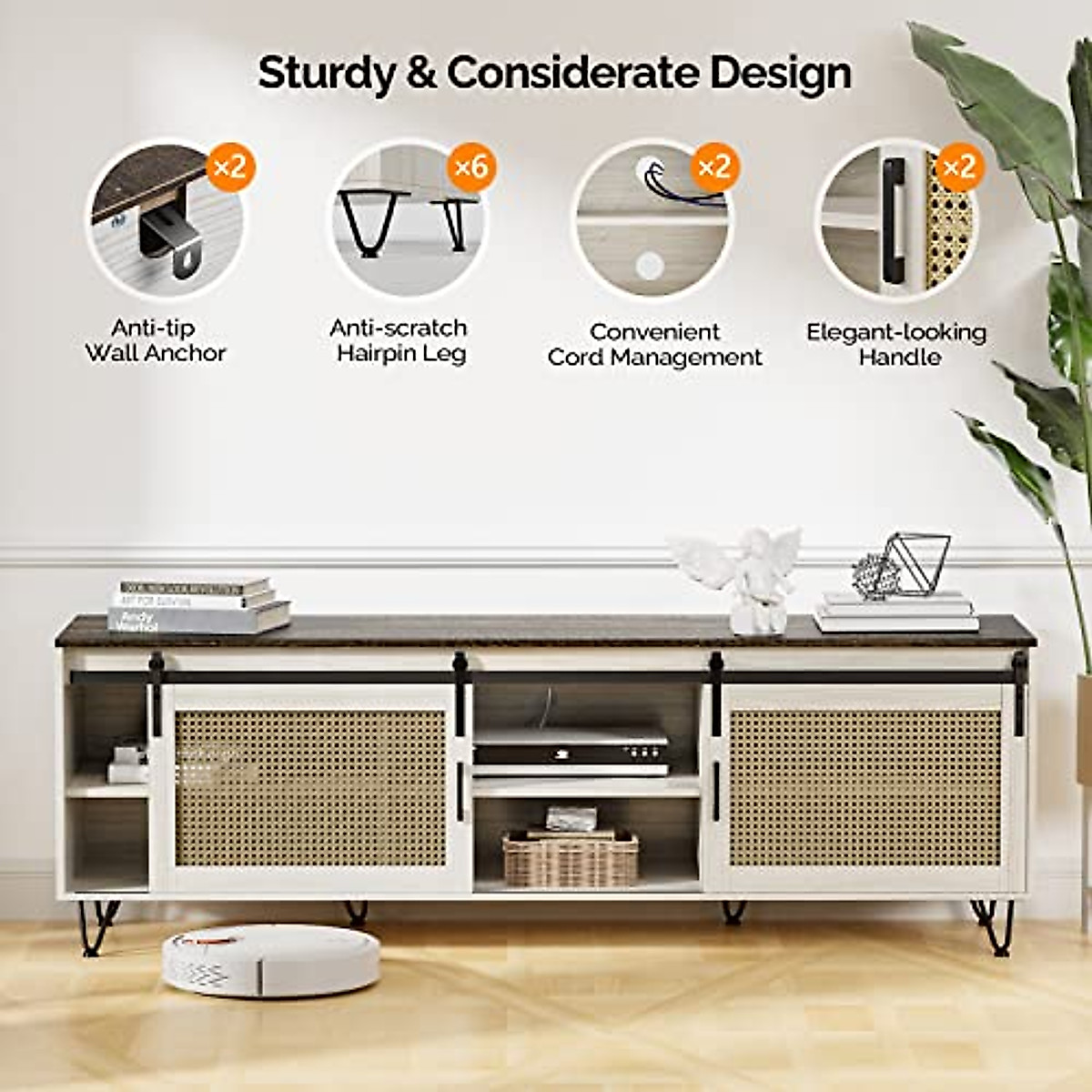 VINGLI Rattan TV Stand for TV's up to 75 Inch Farmhouse Boho Entertainment Center with Sliding Barn Door for Living Room, White, 70(W) x15.8(D) x23.6(H)