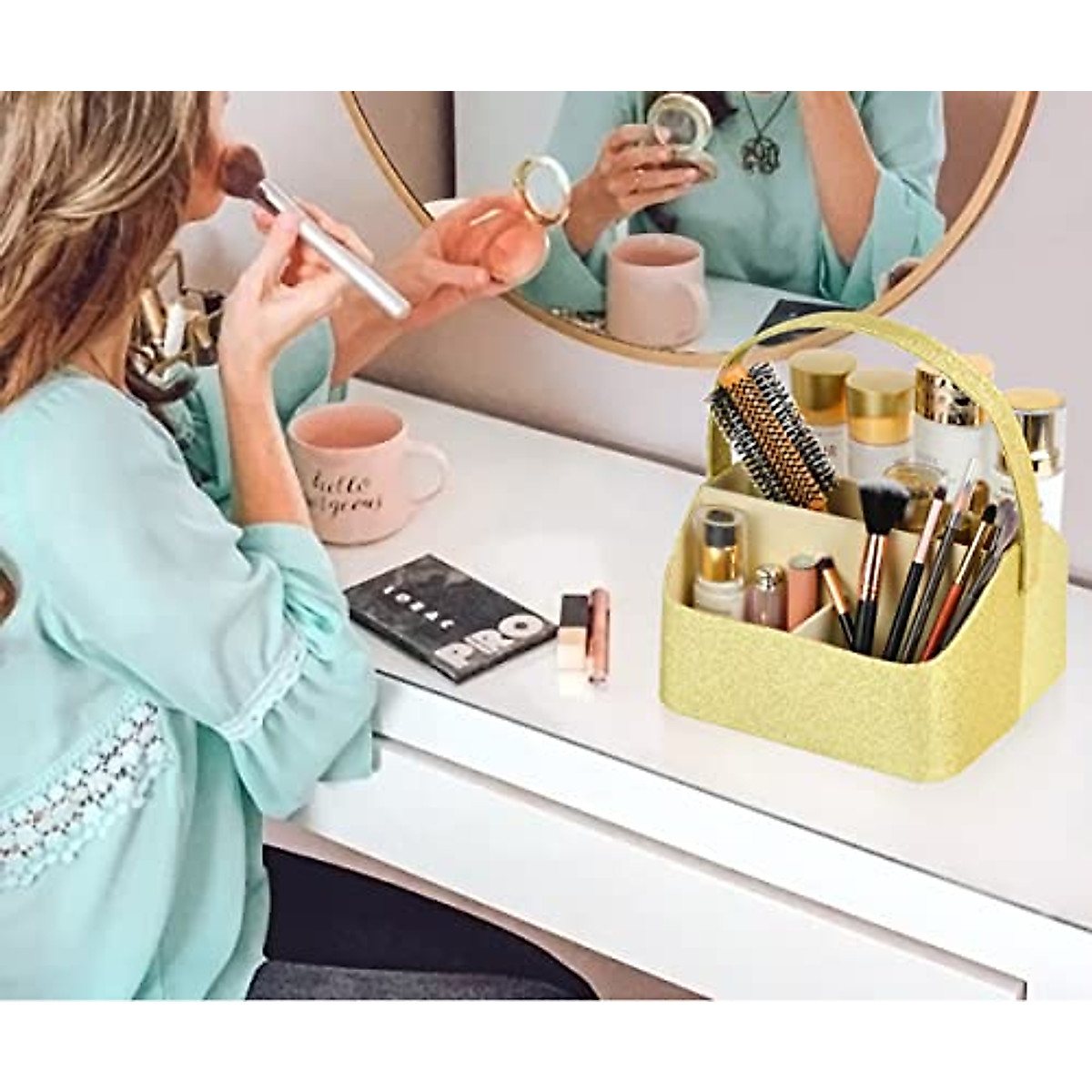 HofferRuffer Faux Leather Cosmetics Organiser, 5-Compartment Makeup Caddy Holder, Portable Organizer Caddy Tote Divided Basket Bin, Dressing Table Organiser for Skincare, Perfume and Make Up (Gold)