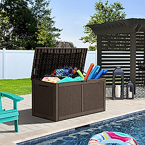 YITAHOME 100 Gallon Large Deck Box w/Storage Net, Resin Outdoor Storage Boxes, Waterproof Patio Cushion Storage Bench for Patio Furniture, Pool Supplies, Garden Tools- Rattan,Lockable (Dark Brown)