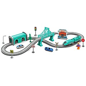 DSHMIXIA Battery Operated Train Set for Kids Electric Train Sets Toys for 3 Year Old Boys 4-7 8-14 Around Wooden Train Track Set for Christmas Tree (City Track Train)