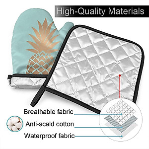 MSGUIDE Gold Pineapple Mint Green Oven Mitts and Pot Holders, 356℉ Heat Resistant Oven Gloves Soft Cotton Lining Gloves for Kitchen, Cooking, Baking, Grilling, BBQ