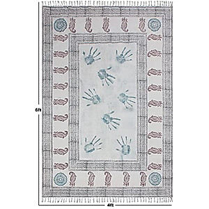Casavani Hand Block Printed Cotton Dhurrie Bordered Blue & Brown Area Rug Doormat Floor Rug Indoor Area Rugs for Bedroom Living Room Laundry Room 6x8 Feet